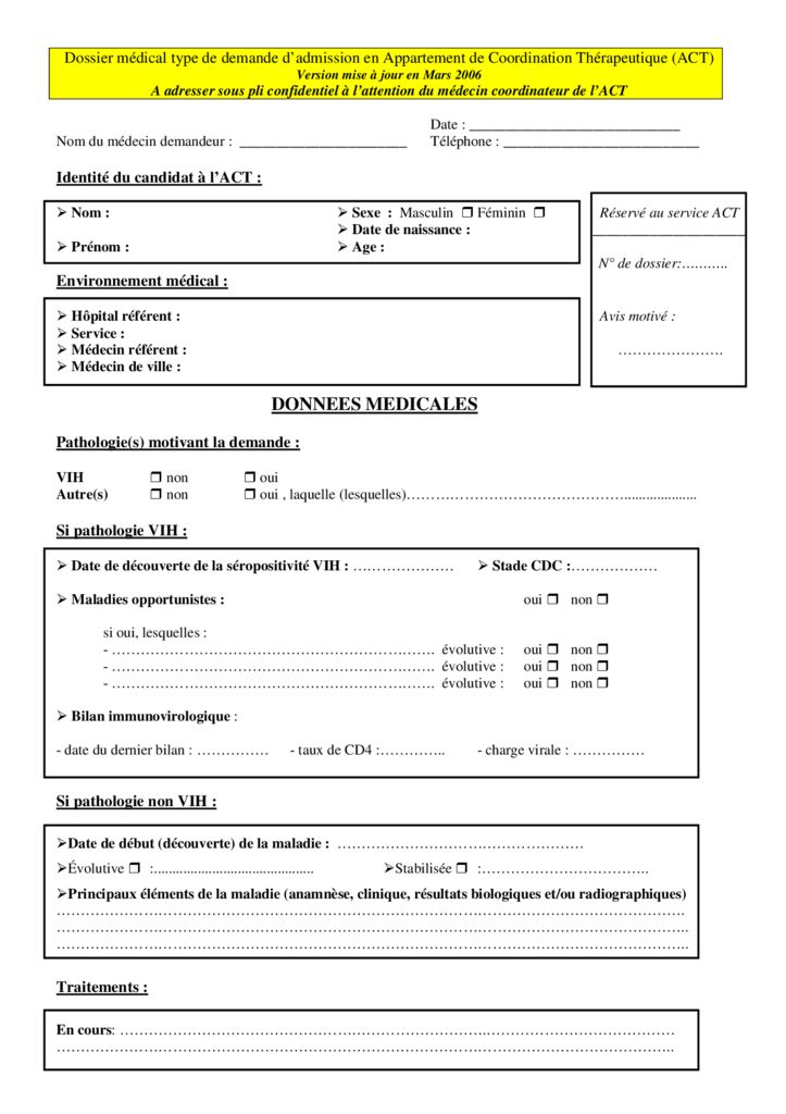 Dossier médical type de demande d’admission en ACT - RESPECTS 73