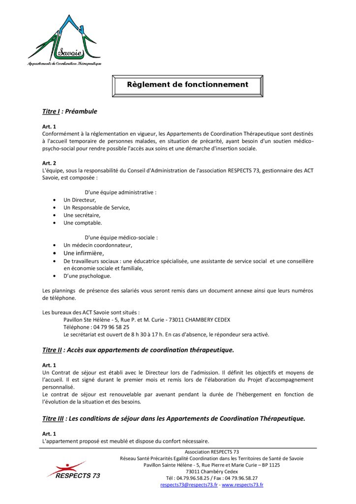 Règlement de fonctionnement des ACT de Savoie - RESPECTS 73 Règlement de fonctionnement des ACT de Savoie - RESPECTS 73